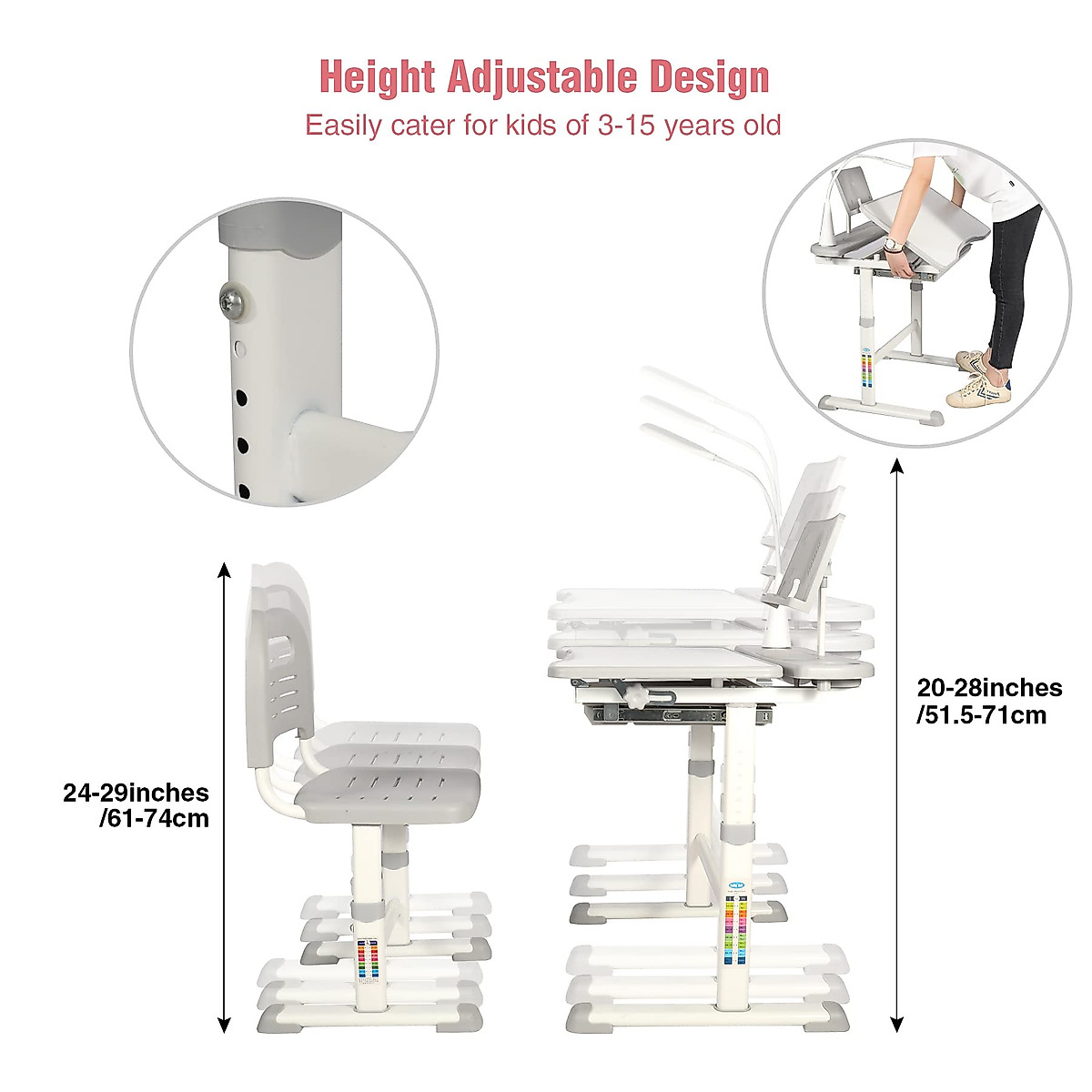 Domaker Kids Desk and Chair Set,Height Adjustable Childrens Homeschool Study Table with Storage Drawer, LED Light,Cup Holder,Bookstand, for 3-15 Years Boy and Girl, Grey