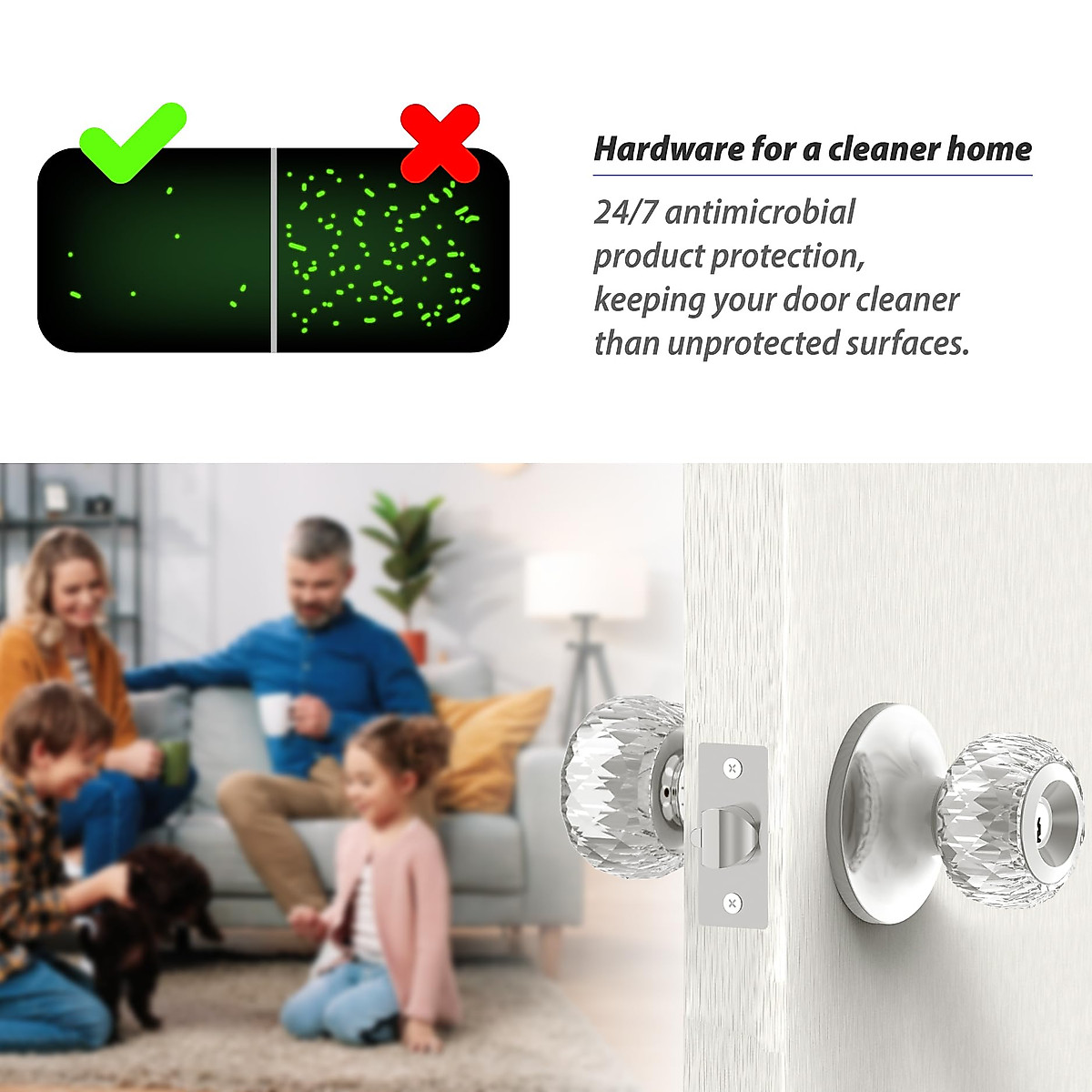 Vammcht Door Knob with Lock, Crystal Door Knobs Interior with Keys, Modern Diamond/Glass Door Lock Heavy Duty for Bedrooms Entrance Office, Polished Chrome Door Handles