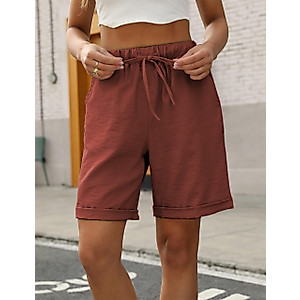 Yeokou Womens Casual Loose Elastic Drawstring Summer Beach Bermuda Pocketed Shorts(Red-XL)