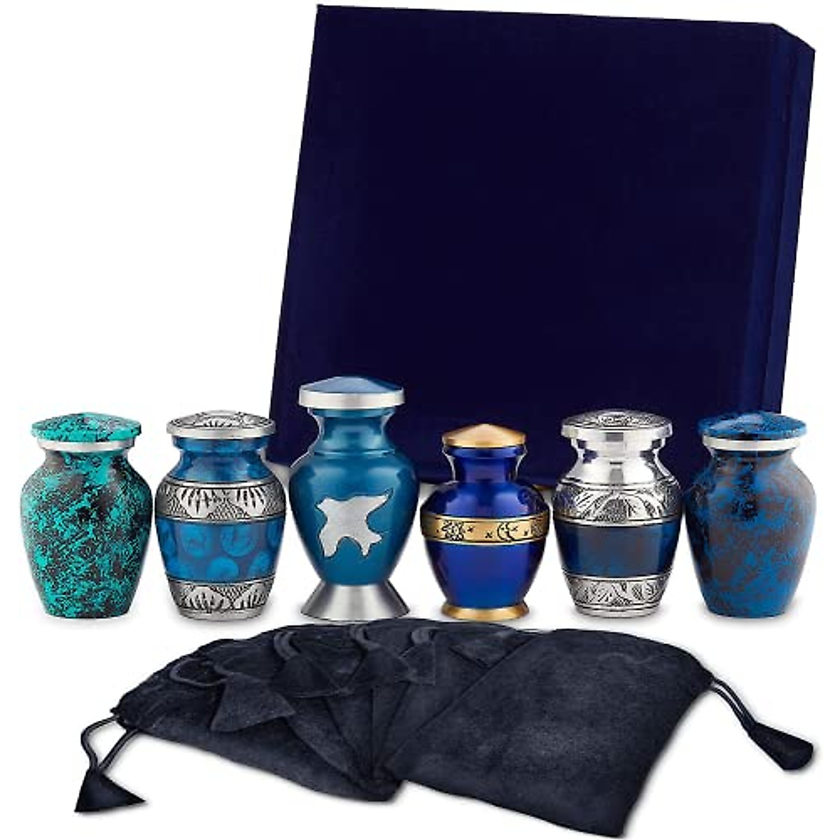 Fedmax Small Urns for Human Ashes Adult Male or Female - Mini Urns - Cremation Keepsakes with Velvet Box - Memorial Urn and Ash Storage (Blue, 6 Count (Pack of 1))
