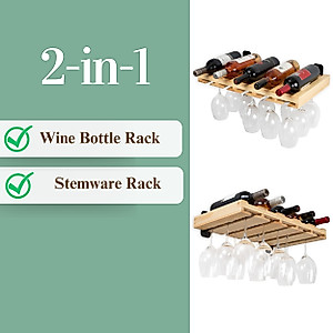 Rustic State Palomino Wall Mounted Wood Floating Wine Liquor Bottle Rack with Glassware Holder Stemware Shelf Storage Organizer - Home, Kitchen, Dining Room Bar Décor - Natural