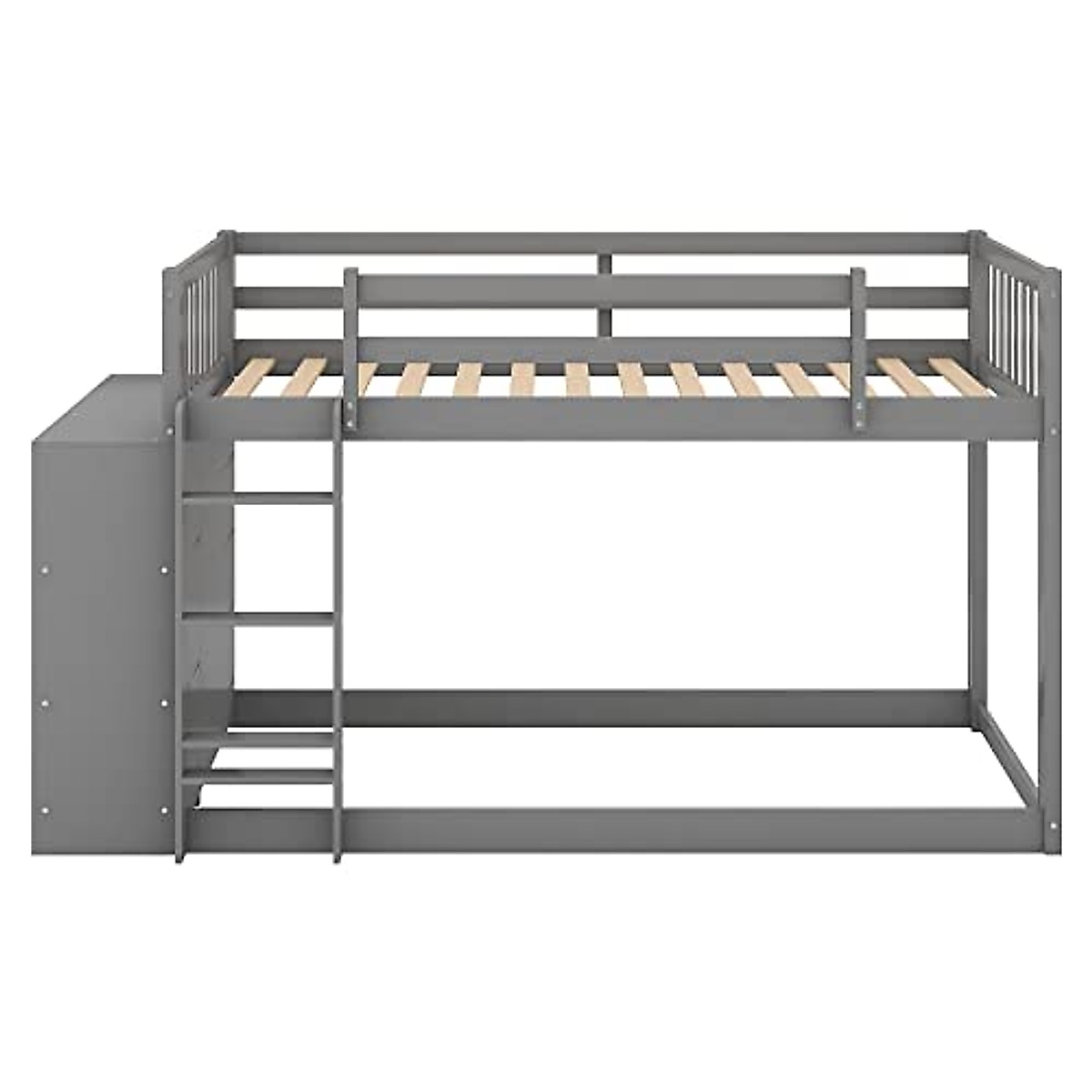 P PURLOVE Twin Over Twin Bunk Bed with Attached Cabinet and Shelves Storage, Wooden Bunk Bed Frame with Ladder and Guardrail, for Teens Girls Boys, Gray