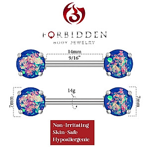 Forbidden Body Jewelry 14G Set of Surgical Steel Blue Simulated Opal Glitter Gemstone Nipple Ring Barbells