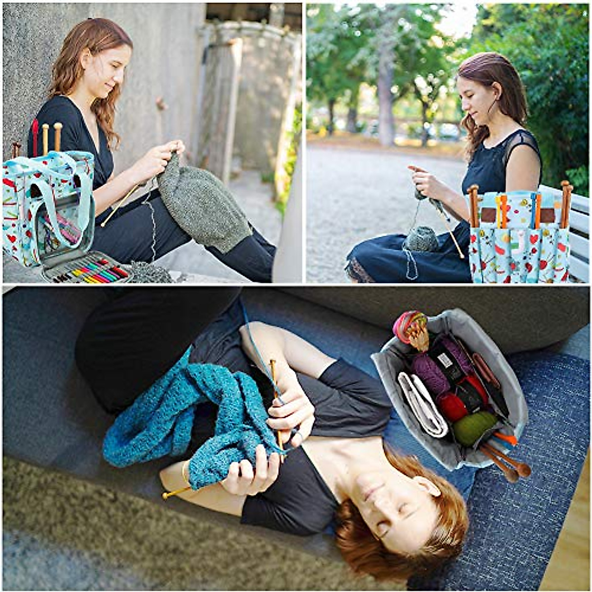 Coopay Knitting Bag Yarn Storage Organizer, Portable Knitting Tote Basket Yarn Bags for Crochet Hooks, Crocheting Kit, Knitting Needles, Yarn Balls, Project & Sewing Supplies - No Accessories (Blue)