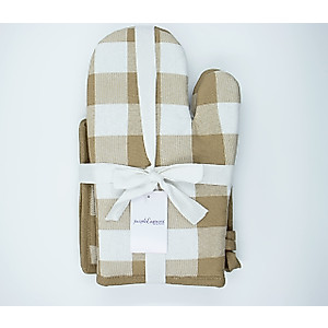 PurpleEssences Buffalo Check Kitchen Collection Pot Holders and Oven Mitts Sets with Hanging Loop - Heat Resistant Non-Slip Washable – Ideal Hot Pads for Cooking Baking BBQ - 4-Piece Set Beige/White