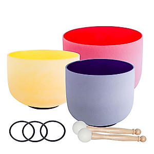 Colored Frosted Chakra set of 3 PCS 432 Hz 12 inch C 10 inch E 7 inch A note Quartz Crystal Singing Bowls + Canvas Bag