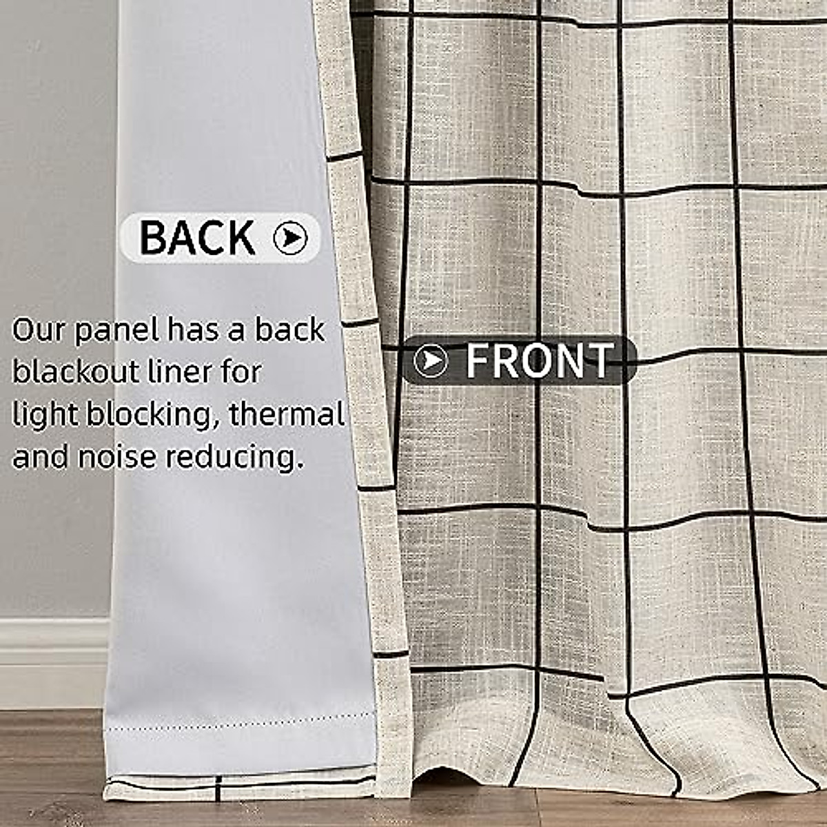 MIULEE Plaid Blackout Curtain - Thick Linen Curtain with White Liner, Farmhouse Checkered Gingham Pattern Window Drape Back Tab & Rod Pocket for Living Room Bedroom, Black, W52 x L96 inches, 1 Panel