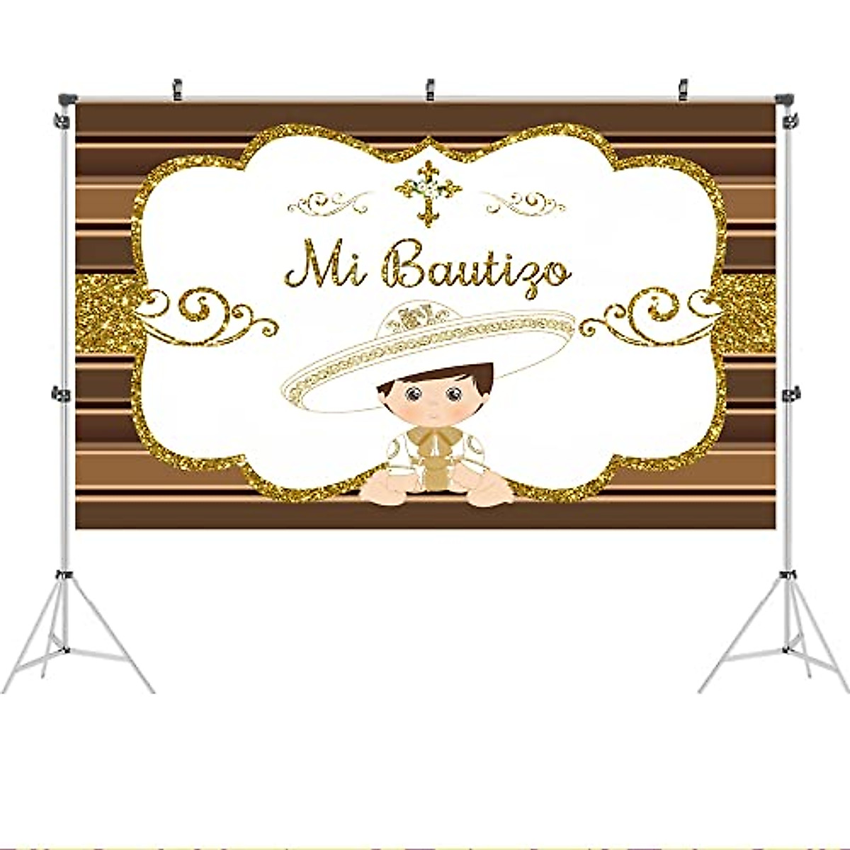 Mi Bautizo Baptism Backdrop,Mexican Hat Boy Gold Dots Brown Stripes Baby Shower Spanish Themed Party Decorations Supplies for Photography Background 5x3ft Banner Photo Booth