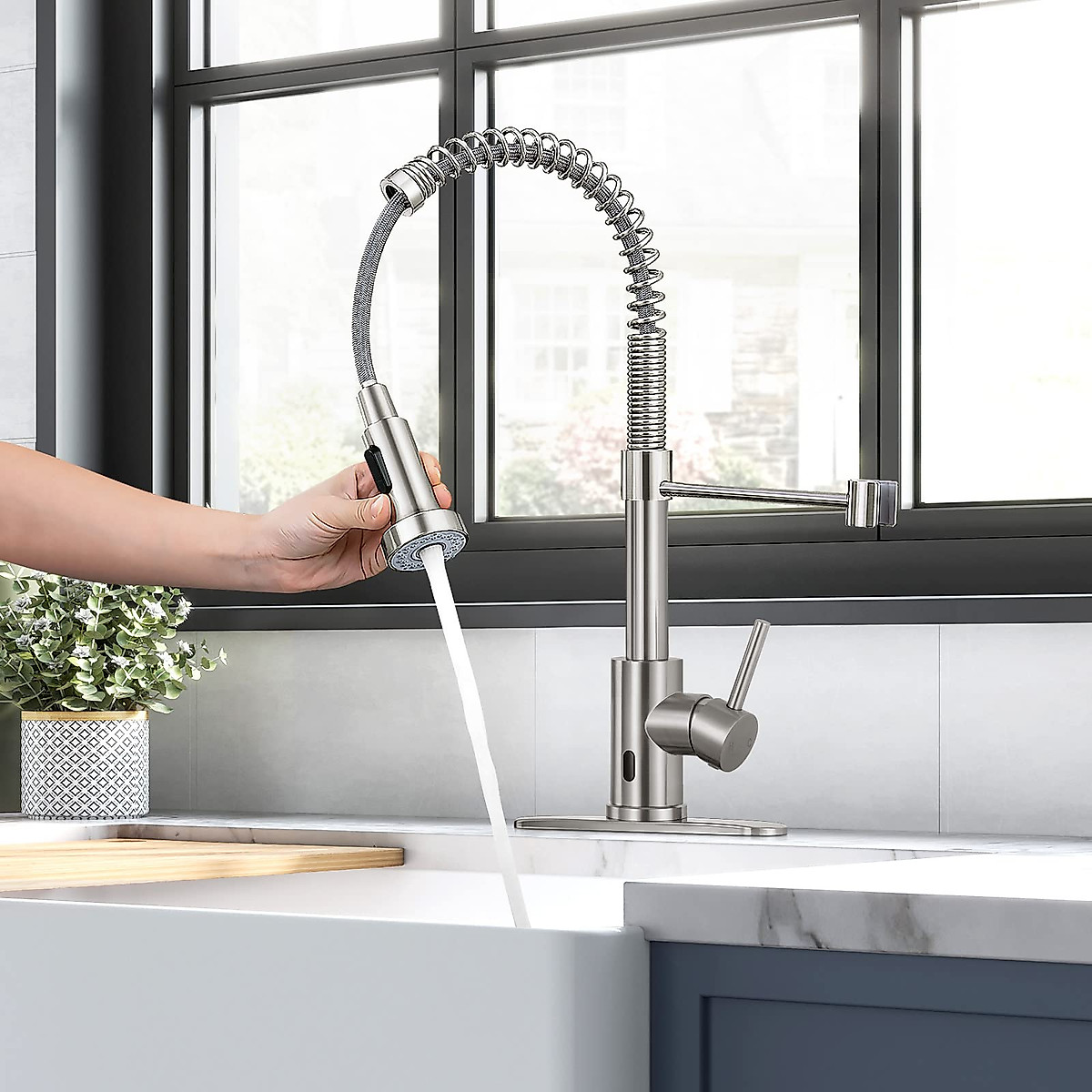 HGN Touchless Kitchen Faucet with Pull Down Sprayer, Motion Spring Sink Faucets with 10'' Deck Plate,Single Handle Spring Kitchen Sink Faucet,Brush Nickel