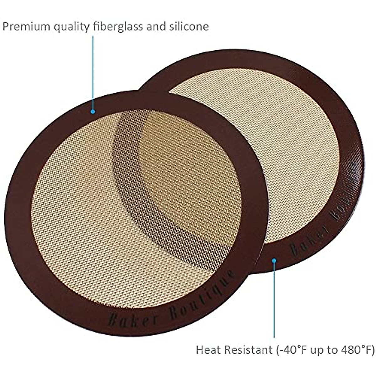 Silicone Baking Mats, 2-Pack Non-stick Silicone Baking Sheet Liner, Reusable Heat Resistant Baking Pastry Sheets for Bake Pans/Rolling/Macaron/Cookie (Round 9", Brown)