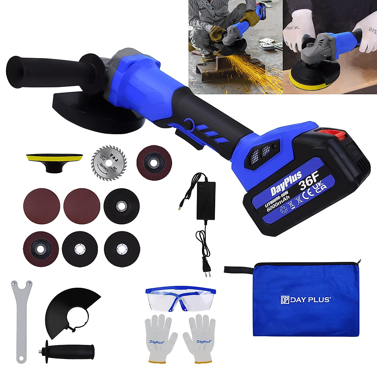 Cordless Angle Grinder, Polishing and Cutting Tool, 6000mAh Lithium-ion Battery, 4-1/2 Inch Brushless Angle Grinder, Portable Grinder with Charger and Storage Bag