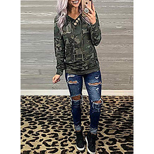 Dokotoo Women's Casual Camo Hoodies Long Sleeve Sweatshirt Drawstring V-Neck Pullover Loose Tops Shirts with Kangroo Pocket 2024 Fashion Fall Hooded Sweatshirt Green Medium