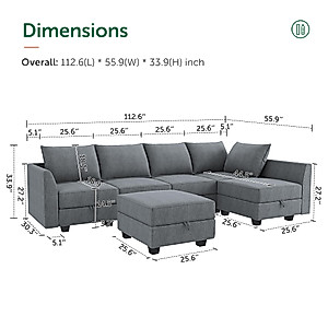 HONBAY Convertible L Shape Sectional Sofa Modular Sectional Couch with Reversible Chaise L Shaped Sofa 4 Seat Couch with Storage Ottoman, Bluish Grey