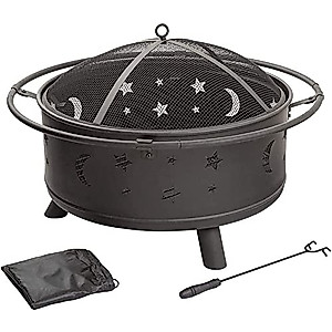 LEAYAN Garden Fire Pit Grill Bowl Grill Barbecue Rack Fire Pit with Grill Shelf, Outdoor Metal Brazier Star Moon Shape Garden Patio Heater Camping Bowl with Grill, Mesh Lid, Grate, Grid