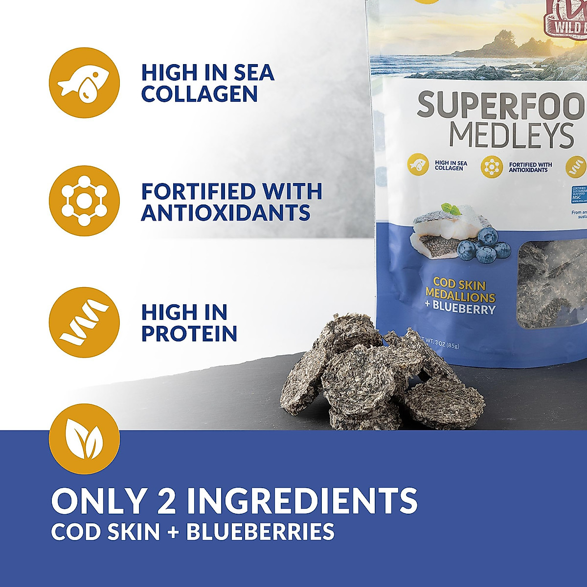 Wild Eats Cod Skins for Dogs, Superfood Healthy Dog Treat Training, 3oz Limited Ingredient Real Blueberry & Cod High in Antioxidants, High Protein, and Marine Collagen for Small, Medium and Large Dogs