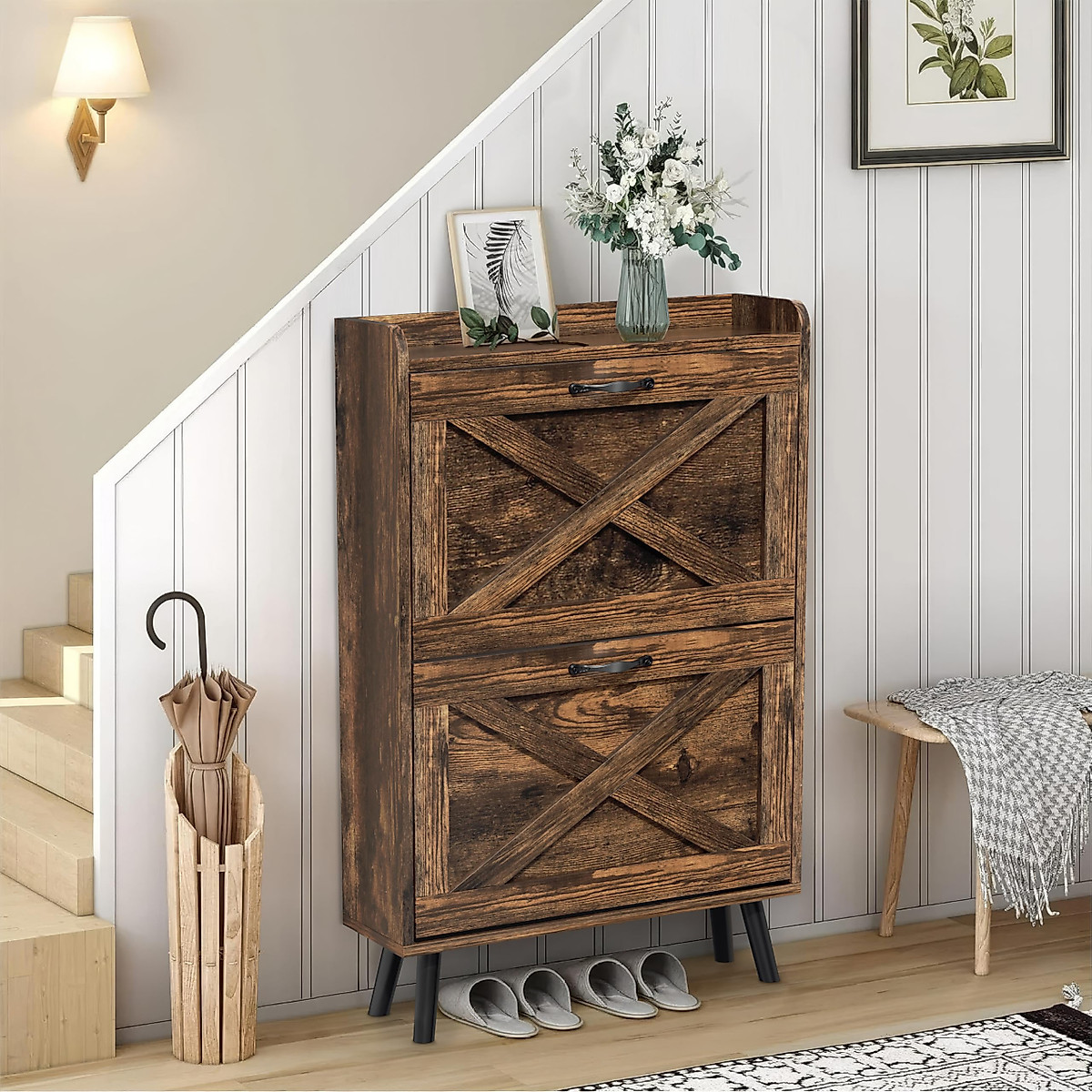 Incbruce Shoe Storage Cabinet with 2 Flip Drawers, Freestanding Ultra-Thin Shoe Cabinet with Wooden Legs for Entryway, Hallway, Bedroom (Brown - Small)