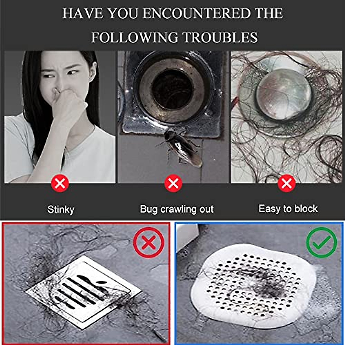 3 Pack Drain Cover Hair Catcher Pad, Silicone Tube Trap Shower with Sucker for Bathroom Kitchen, 5.5" Flat Square Rubber Strainer Plug Filter Bathtub Sink Home Drain Protectors, Black