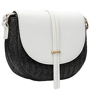 Olivia Miller Women's Fashion Rowan Natural Straw w PU Vegan Leather Front Flap, Black White Small Crossbody Bag w Adjustable Strap, Evening Everyday Casual Work Purse Handbag