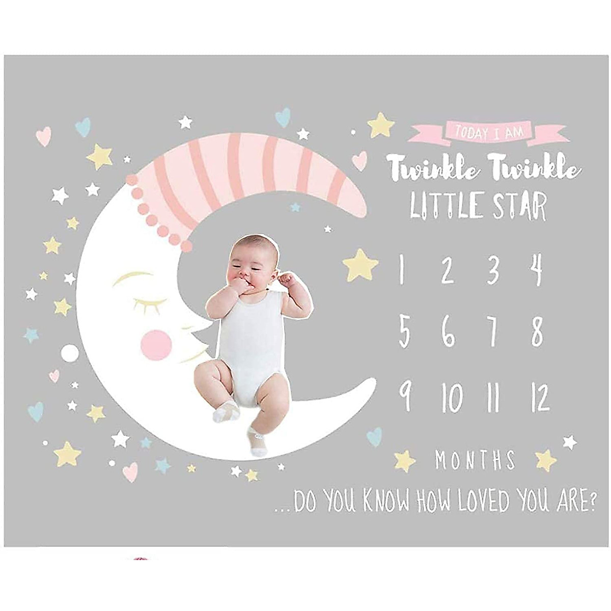 Baby Monthly Milestone Blanket Newborn Girl Pink Moon Star Smiley Hat Photo Props Shoots Backdrop Shower Gift Nursery Decor Photography Growing Infants Memory Swaddle Blanket with Headband Frame