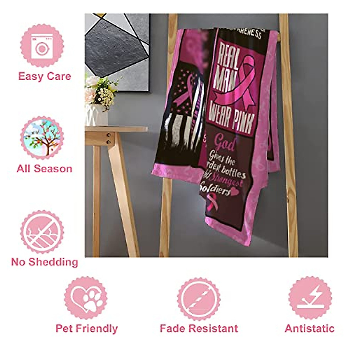 Breast Cancer Awareness Blanket, Black Women Fight Like A Warrior Flannel Soft Cozy Throw Blanket Breast Cancer Pink Ribbon Decorative Throws, Breast Cancer Survivor Gifts for Women 50x60 Inches