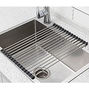 Ahyuan Roll up Dish Drying Rack Over The Sink Kitchen Roll up Sink Drying Rack Portable Dish Drainer Foldable Dish Drying Rack (Stainless Steel 17.7''X11.8'', Black)