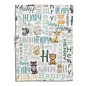 ENCYCOM Personalized Woodland Monogram Animal Blanket with Name, Woodland Nursery Blanket, Woodland Fleece Blanket, Blanket with Animal Lover, Green Blanket for Boy