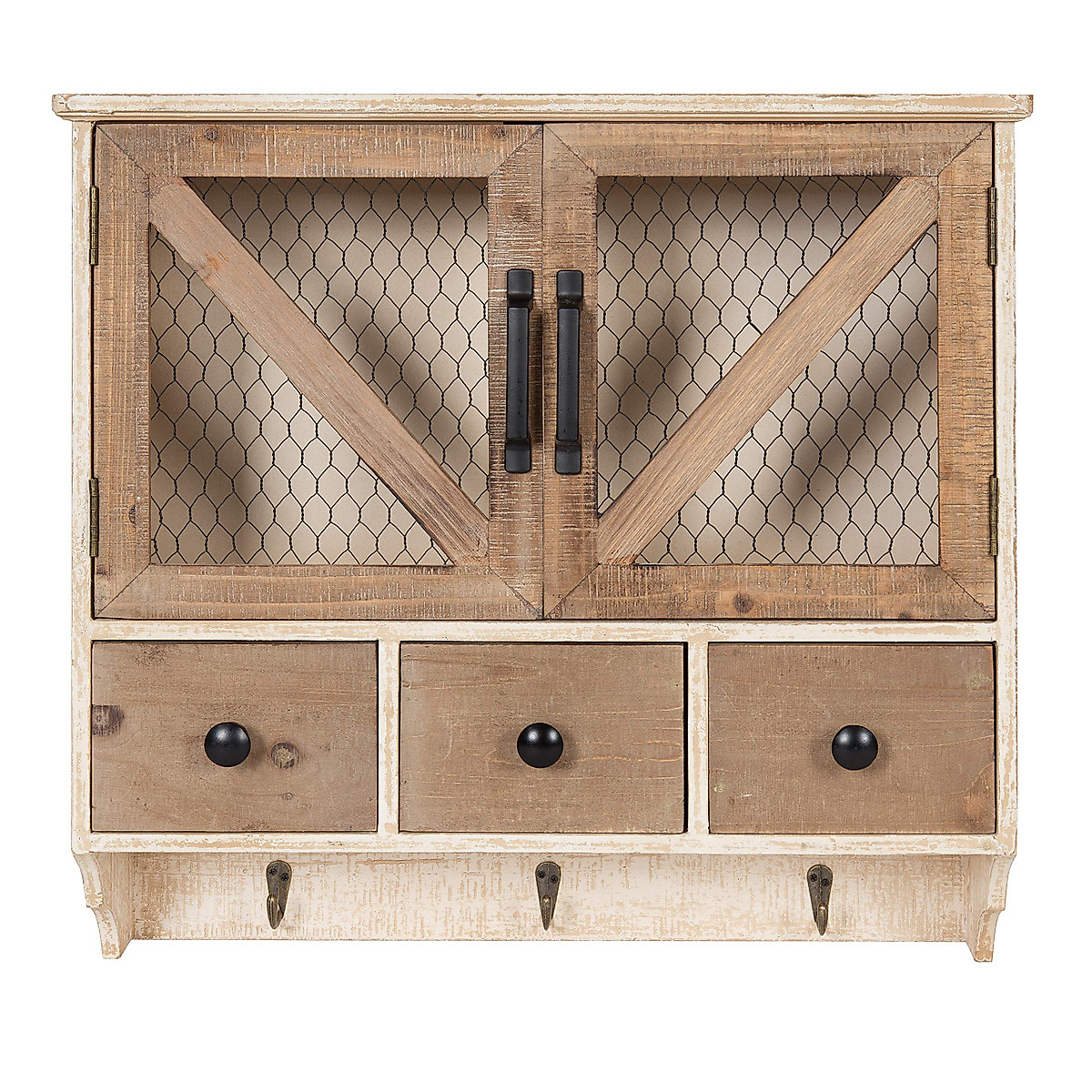 Kate and Laurel Hutchins Wooden Farmhouse Wall Cabinet, 21 x 6 x 20, Rustic Brown and White, Decorative Rustic Cabinet with Three Drawers and 2 Chicken Wire Doors
