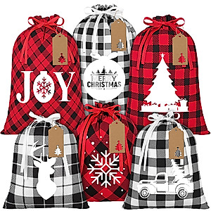 Aneco 6 Pieces Christmas Buffalo Plaid Drawstring Bag Cotton Christmas Gift Bag with Drawstrings Xmas Buffalo Plaid Present Bags with 24 Tags Rope for Gift Wrapping, Daily Use, Assorted Sizes