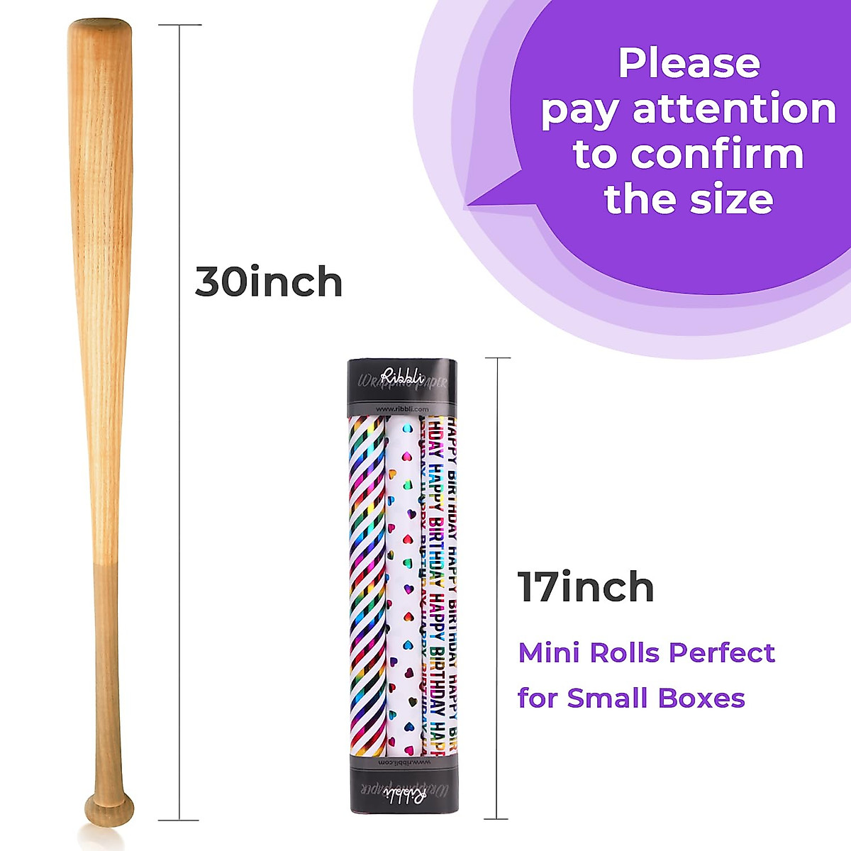 Ribbli Birthday Wrapping Paper Iridescent Gift Wrap Mini Roll, 3 Rolls Happy Birthday Heart Stripes Printed for Girls Kids - 17 inch x 120 inch(10feet) Per Roll