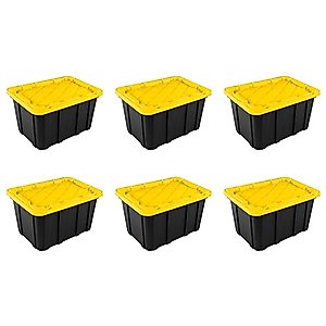 Sterilite 27 Gal Industrial Tote, Stackable Storage Bin with Snap-Fit Lid for Garage, Basement & Attic Storage, Black Base and Yellow Lily Lid, 6-Pack