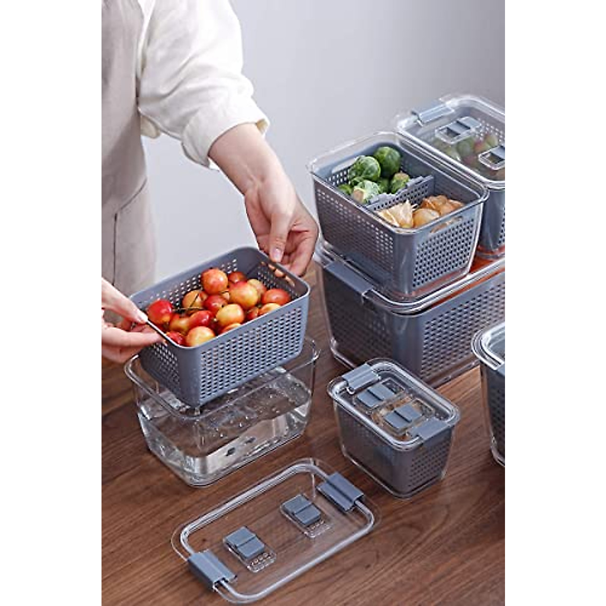 Momo's House 3 Piece Double Drain Basket Containers for Vegetable Fruit Storage Set - BPA-free Draining Crisper with Colander, Fridge Organizers, Storing Fruits Vegetables Meat Fresh Fish