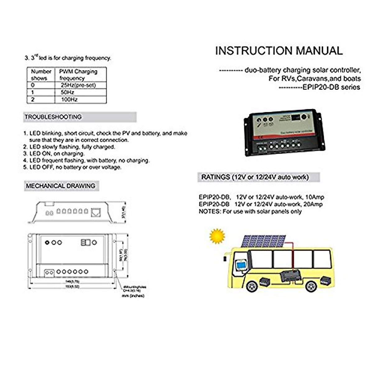 EPsolar Solar Charge Controller for Dual Battery 20A 12V/24V Auto Work for RVs Caravans and Boats etc Duo Battery Solar Charging System(20A)