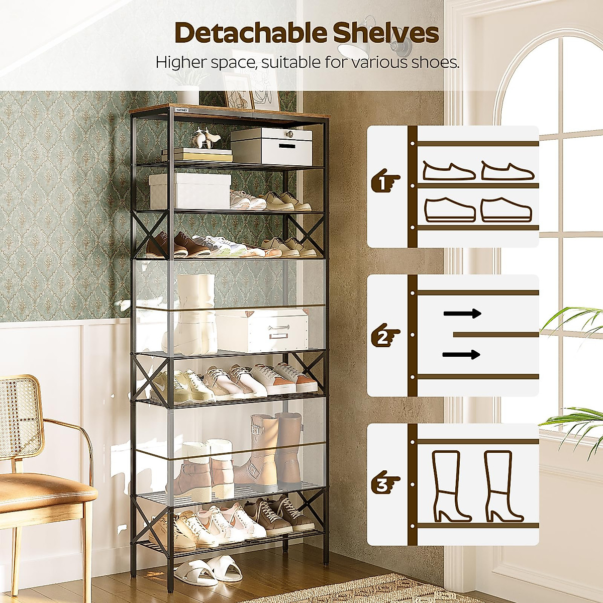 YATINEY 10 Tier Shoe Rack, Shoe Storage Organizer, Large Capacity Shoe Shelf Holds 40 Pairs of Shoes, Durable and Stable, for Entryway, Hallway, Closet, Dorm Room, Rustic Brown SS10BR