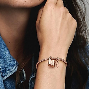 Pandora Padlock and Key Dangle Charm Bracelet Charm Moments Bracelets - Stunning Women's Jewelry - Gift for Women in Your Life - Made Rose & Cubic Zirconia