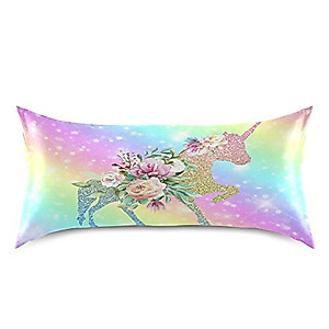 Blueangle Rainbow Unicorn Satin Pillowcase for Hair and Skin Silk Pillowcase, Standard Size(20x26 inches) - Slip Cooling Satin Pillow Covers with Envelope Closure