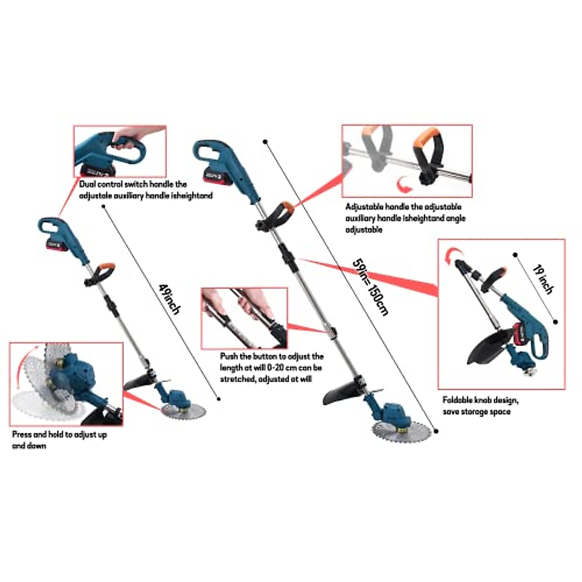 Battery Powered Weed Eater Cordless- Electric Weed Wacker Rechargeable- Two 4.0 Ah Battery Operated Weed Whacker Cordless 21V Grass Edger Trimmer with Blade and Charger- Lawn Yard Garden Brushless-1