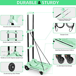 Folding Hand Truck Trolley 80Kg/176Lbs Heavy Duty Luggage Utility Cart with Rotate 4 Wheels Warning Sign Telescoping Handle Portable Fold Up Dolly Bungee Cord for Moving Shopping Travel(Green Pro)