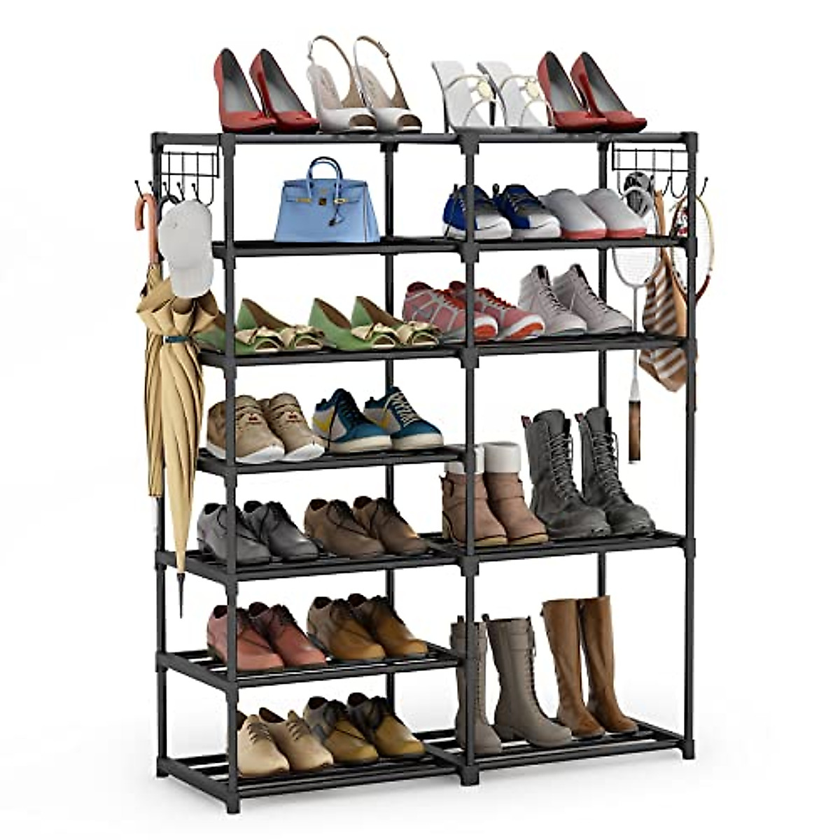 Tribesigns Shoe Shelf Shoe Storage Organizer with Side Hooks For Entryway, 24-30 Pairs Metal Shoe Rack Taller Shoes Boots Organizer