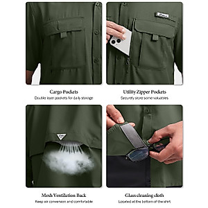 Pudolla Men's Fishing Shirts Short Sleeve Travel Work Shirts Summer Button Down Shirts for Men UPF50+ with Zipper Pockets(Olive, XX-Large)