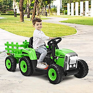 HONEY JOY Ride On Tractor with Trailer, Toddler 3-Gear-Shift Ground Loader, LED Lights, Horn, Music, 12V Battery Powered Electric Toy Tractor with Remote Control (Green)