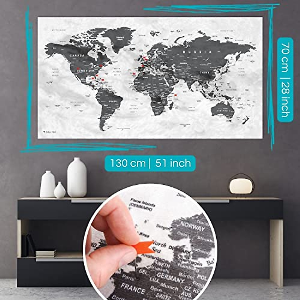 World Map XXL 51 x 28 inches, Travel Pin Board with Fleece Surface in Modern Wall Art Design, 20 Flag Push Pins Included