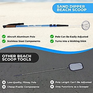 Sand Dipper Full Size Beach Scoop Shovel & Sifter Tool for Beachcombing – Adjustable Sea Glass, Shell, Shark Tooth Sifter for the Beach – Can Be Used as a Walking or Hiking Stick Too – Blue, 4” Basket
