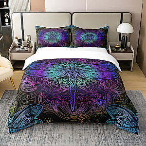 Erosebridal Bohemian Dragonfly 100% Cotton Duvet Cover King Mandala Paisley Bedding Set Purple Dragonfly Comforter Cover Tie Dye Trippy Gypsy Iridescent Chic Hippie Quilt Cover, 3 Pcs