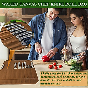 BLIRITEL Knife Roll, Waxed Canvas Chef Knife Roll Bag, 8 Knife Slots for Cutlery Knives, Portable Knife Bag Knives Pouch Holder protectors with 8 PCS Knife Sheath for Kitchen Travel Camping