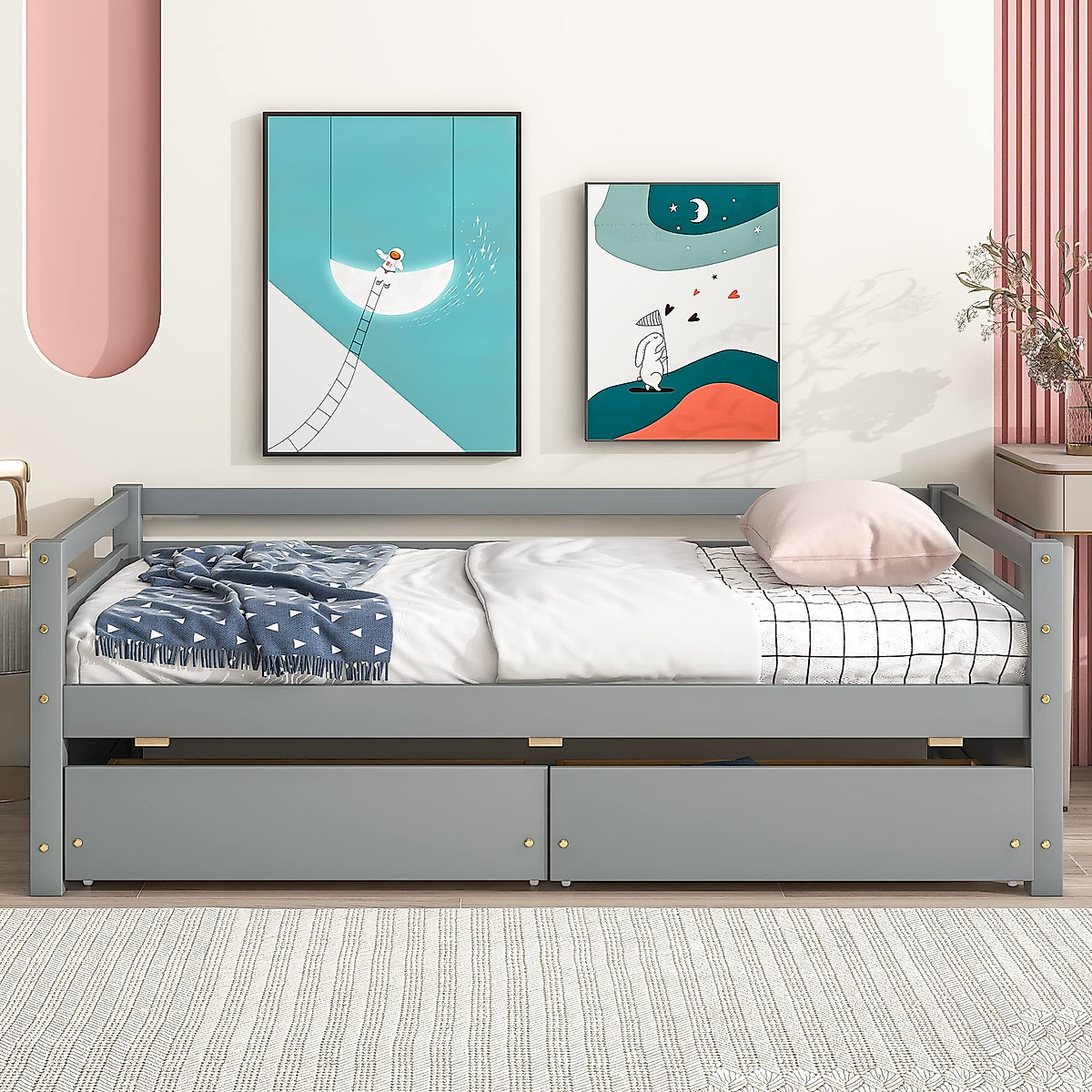 Harper & Bright Designs Twin Daybed with 2 Storage Drawers, Wooden Twin Size Daybed Frame, Dual-Use Daybed Sofa Kids Bed for Living Room,Guest Room,Children Room, No Box Spring Needed, Gray