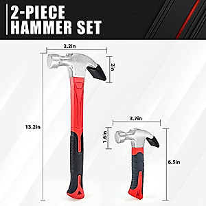 C&T 2 Piece Hammer Set,8oz Stubby Claw Hammer With Magnetic Nail Starter & 16oz Fiberglass General Purpose Claw Hammer & 560pcs Hardware Nail Assortment Kit, Soft Nonslip Handle & Heat Treated Head