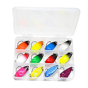 12pcs Fishing Lure Spinnerbait, Colourful Bait with Single Hooks Trout Spoon Set Spin Fishing Artificial Bait, Hard Metal Baits Kit with Tackle Boxes, Good Fishing Gifts for Men