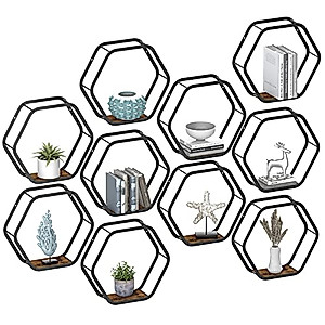 Hexagon Floating Shelves Metal Hexagonal Shelves Wall Mount Honeycomb Storage Shelves Set of 10 Modern Floating Black Display Rack for Wall Decor Geometric Hanging Shelf in Farmhouse Bed/Living Room