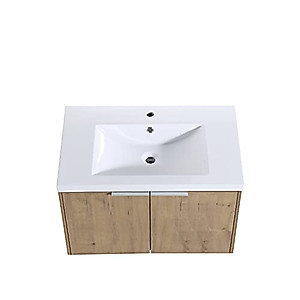 Pvillez Bathroom Vanity with Sink Combo, Floating Vanity Cabinet 30 Inch, Bathroom Vanities, Modern Wall Mounted Concrete Bath Vanity Set with Porcelain Top Storage Cabinet (Imitative Oak 2)