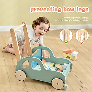 labebe Kids Push Activity Walker Wooden Baby Walker Toy for Boys/Girls with 54 Wooden Blocks, Toddler Sit to Stand Walking Wagon 12M+